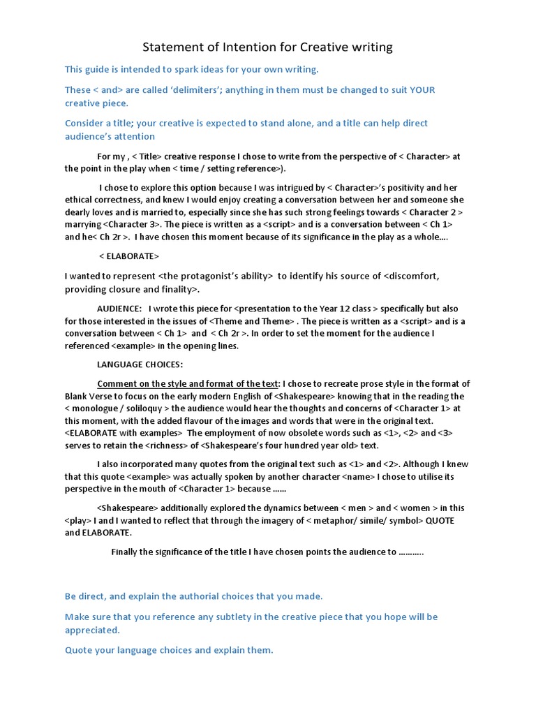 Statement of Intention For Creative Writing | PDF