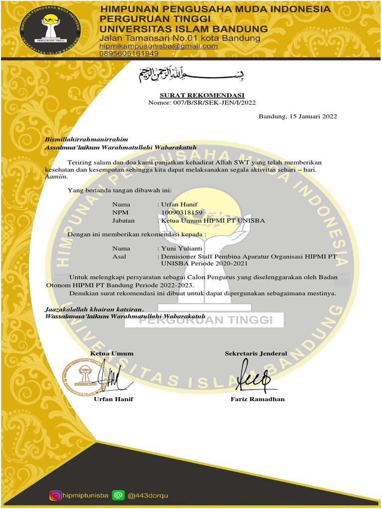 Surat Rekomendasi Hipmi | PDF