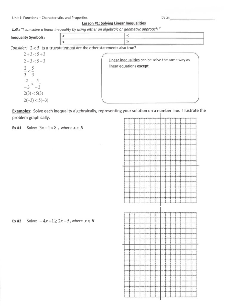 Unit 1 - Lesson 1 Solving Linear Inequalities | PDF
