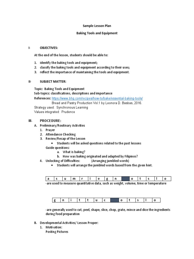 Sample Lesson Plan Baking Tools and Equipment | PDF | Lesson Plan | Baking