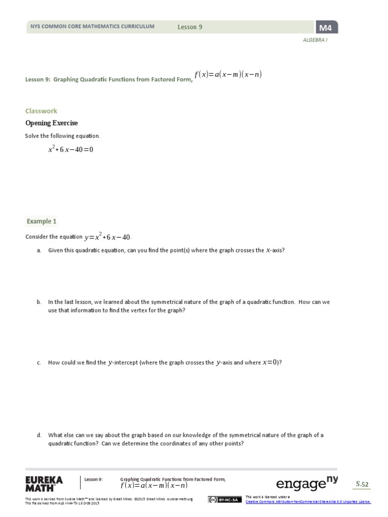 Algebra I m4 Topic A Lesson 9 Student | PDF | Quadratic Equation ...