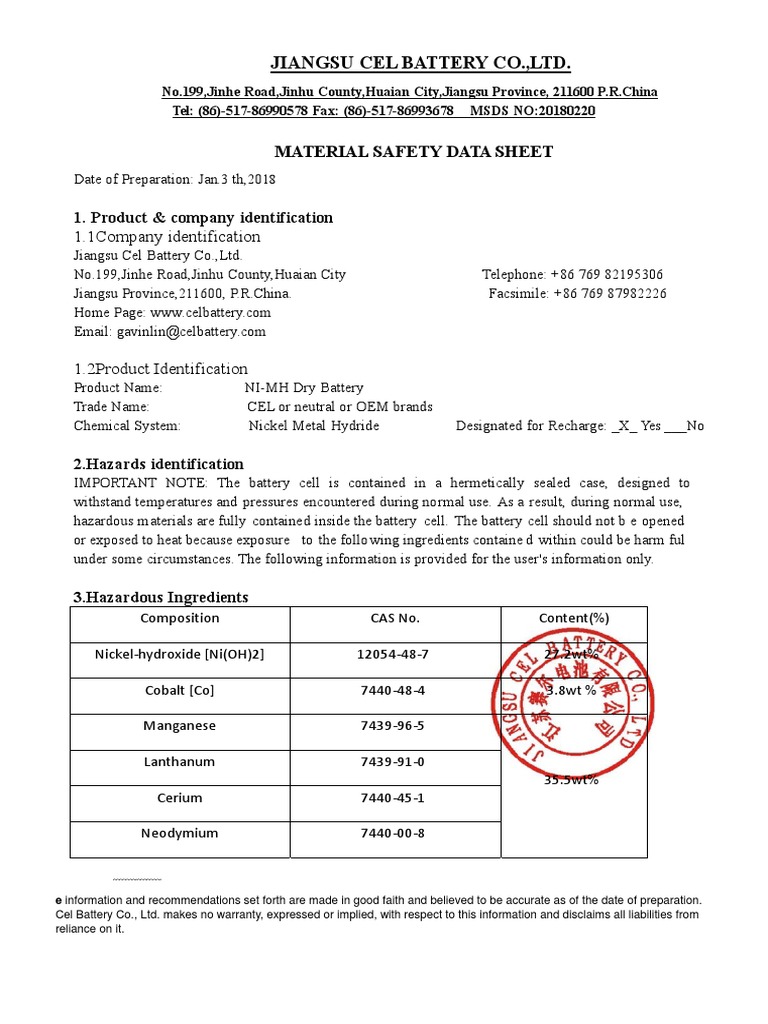 Jiangsu Cel Battery Co.,Ltd.: Material Safety Data Sheet | PDF | Nickel ...