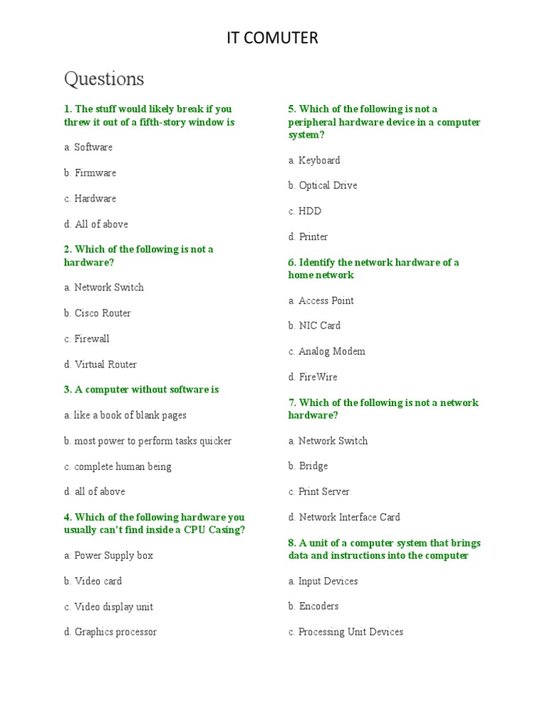 Computer Hardware MCQ | PDF | Printer (Computing) | Computer Keyboard