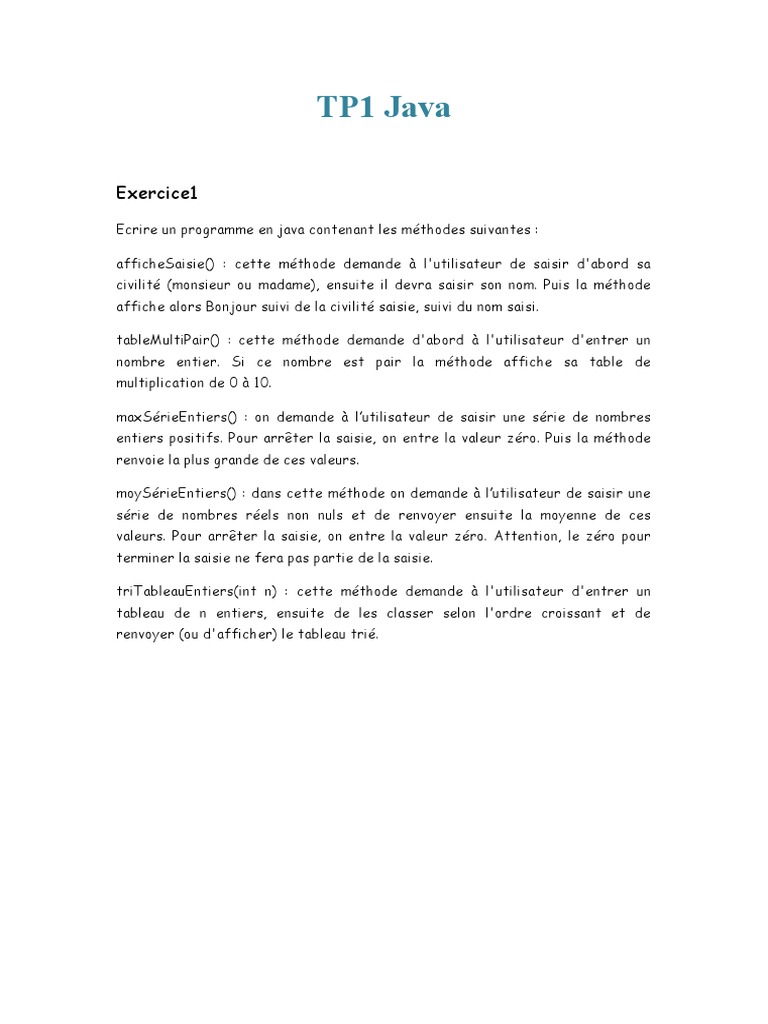 TP1 Java | PDF | Java (Langage de programmation) | Chaîne de caractères