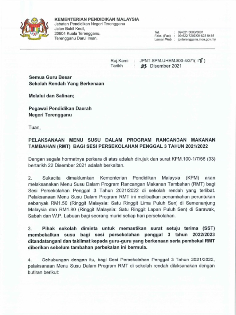 Pelaksanaan Menu Susu RMT SK | PDF