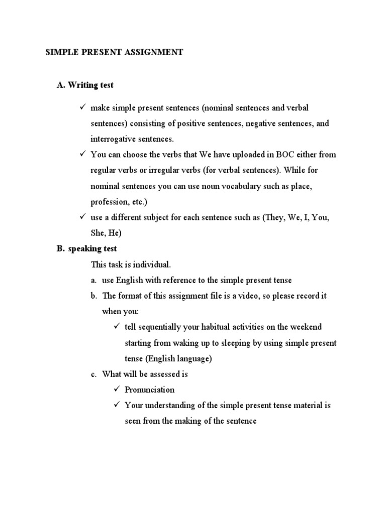 Simple Present Assignment A. Writing Test | PDF