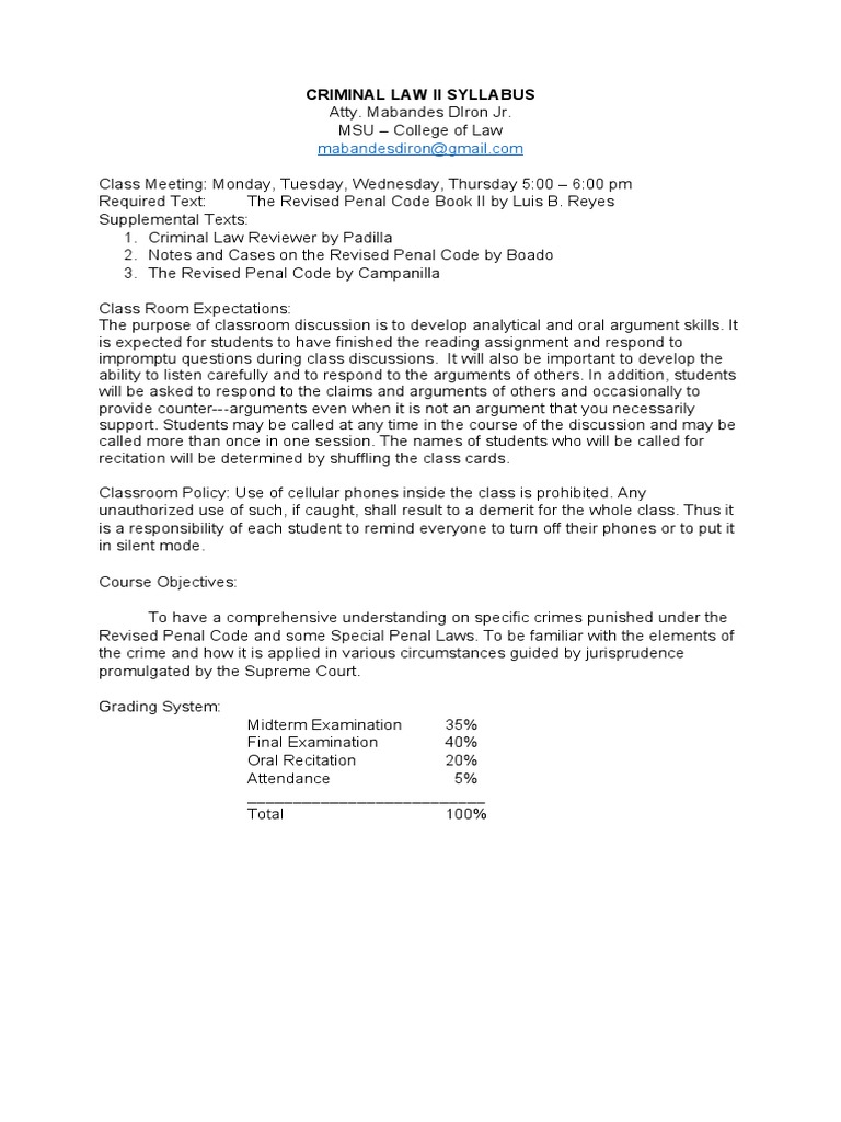 Criminal Law Ii Syllabus | PDF | Crimes | Crime & Violence