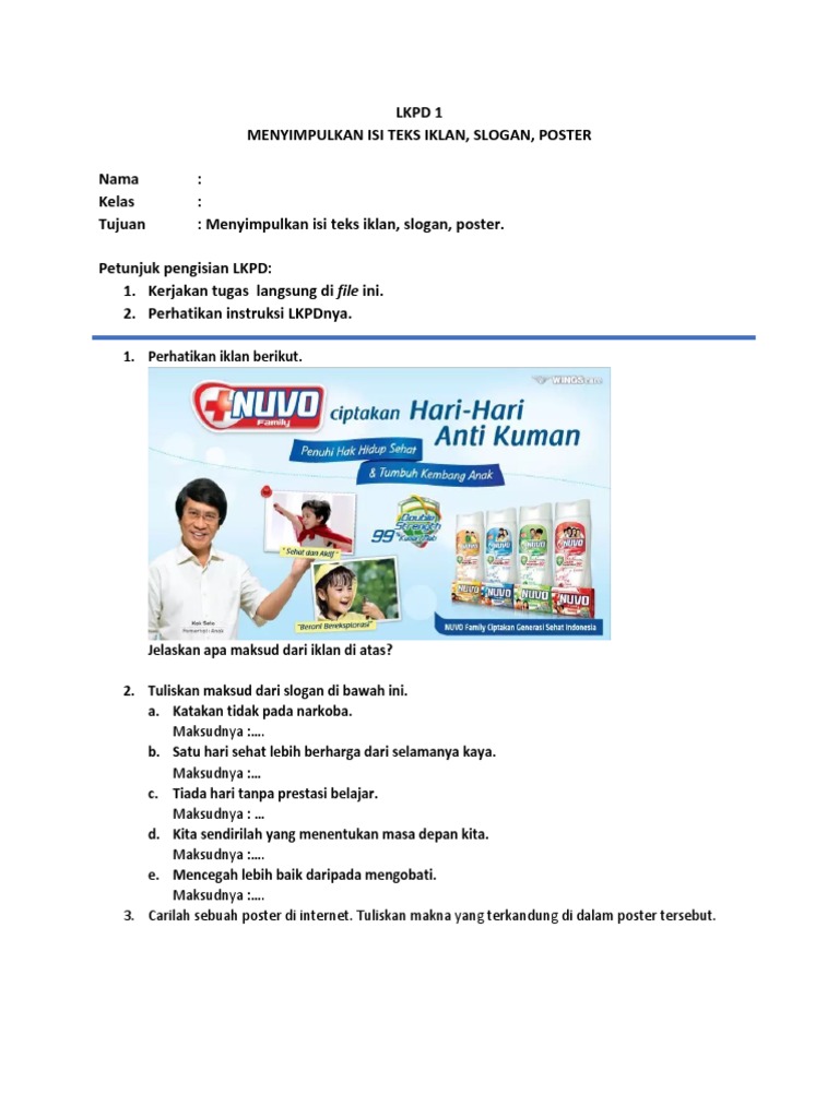 LKPD 1 Menyimpulkan Isi Teks Iklan, Slogan, Poster - Decha Kania M (07) 8A | PDF