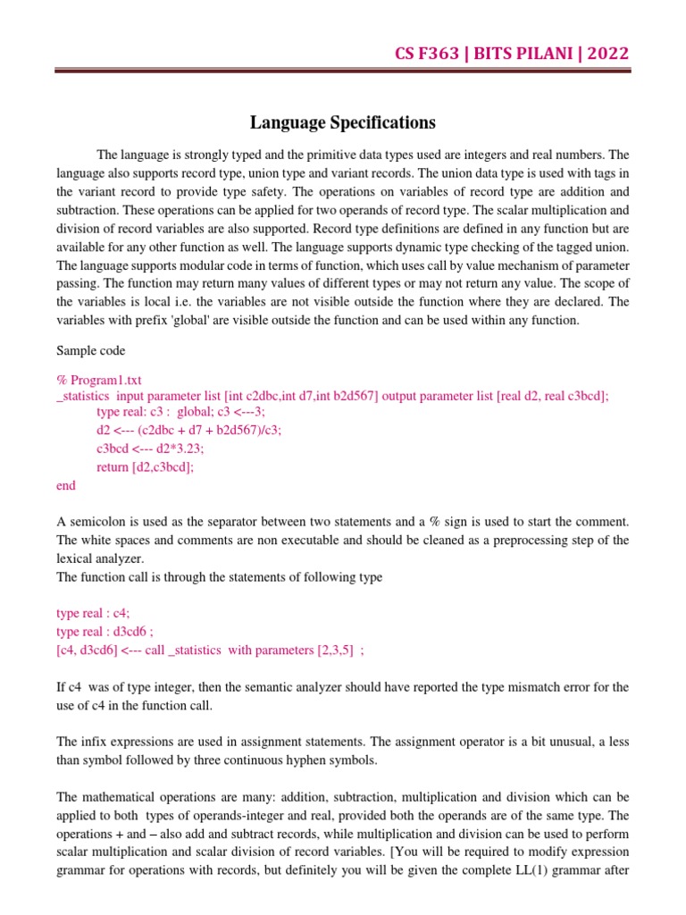 Language Specifications: Cs F363 - Bits Pilani - 2022 | PDF | Parameter (Computer Programming ...