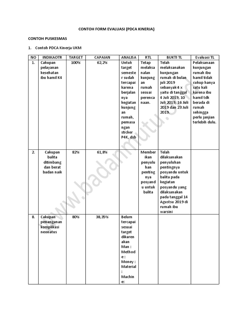 Contoh Form Evaluasi (Pdca) Kinerja - Bto | PDF