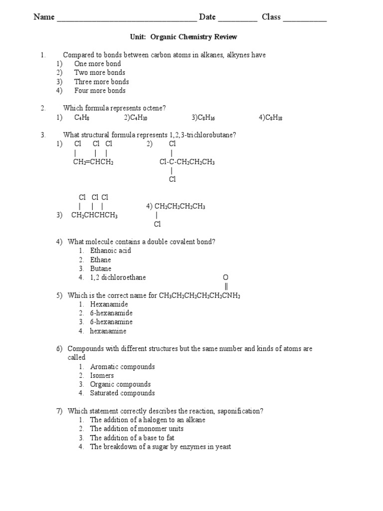 Organic Chemistry Unit - Test Review - Answer Key 1 | PDF | Chemistry ...