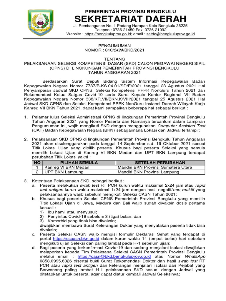 Pengumuman Pelaksanaan Seleksi Kompetensi Dasar Calon Pegawai Negeri Sipil di Provinsi Bengkulu ...