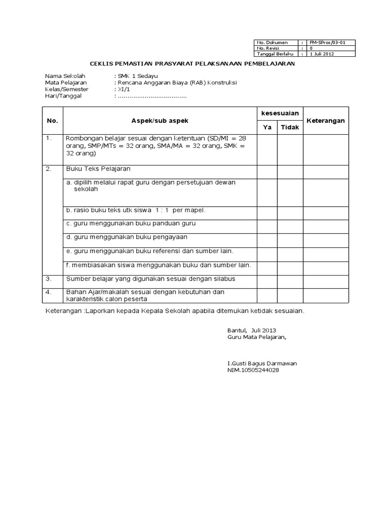 Format Ceklis Pemastian Prasyarat Pelaksanaan Pembelajaran | PDF