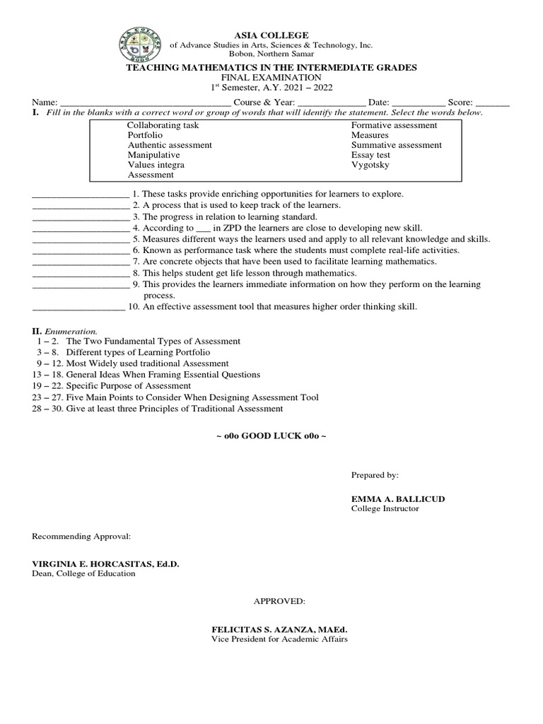 Intermediate Math Exam: 1st Sem 2021-2022 | PDF | Educational ...
