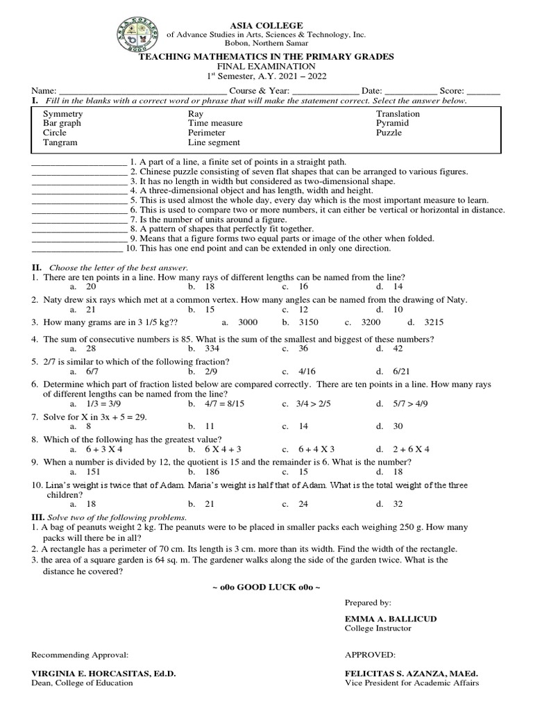 Primary Grades Math Final Exam | PDF | Shape | Length