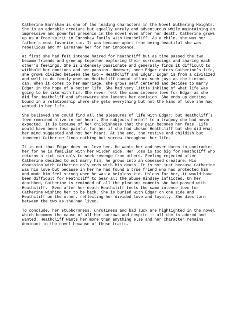 Catherine Earnshaw Character Analysis | PDF | Heathcliff (Wuthering ...