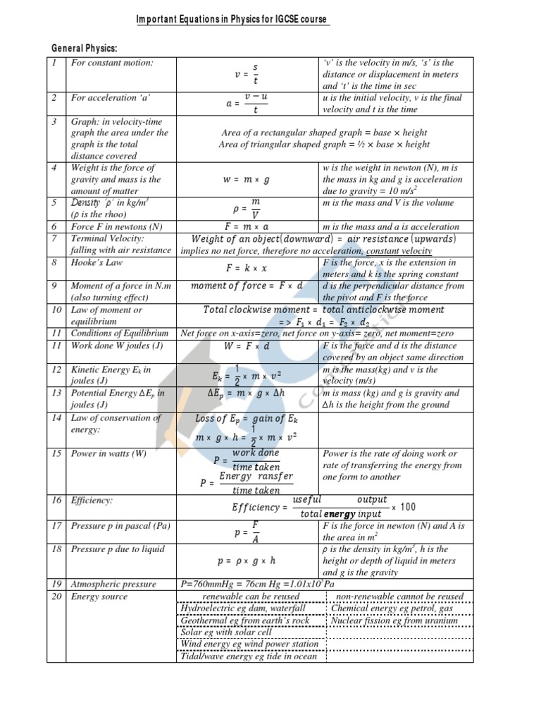 IGCSE Physics Formula Sheet | PDF | Waves | Voltage