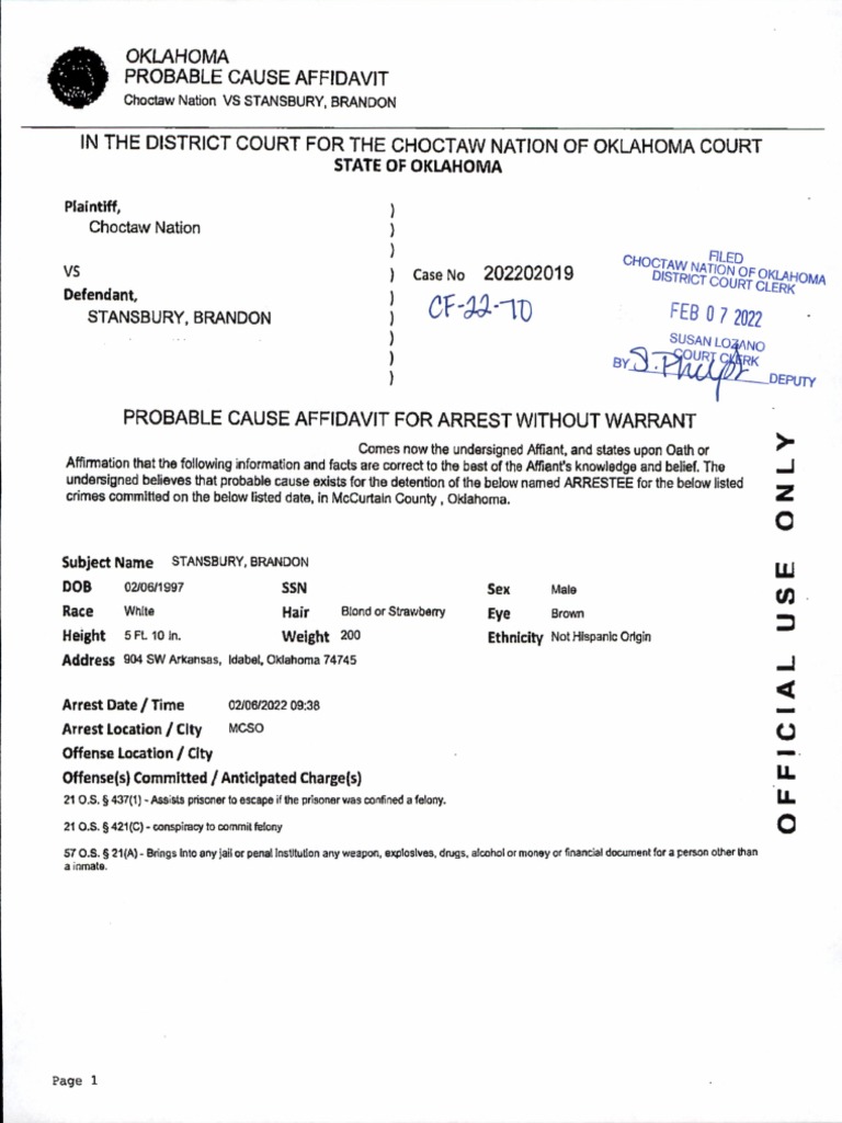 Brandon Stansbury Arrest Affidavit 2 | PDF | Arrest | Arrest Warrant