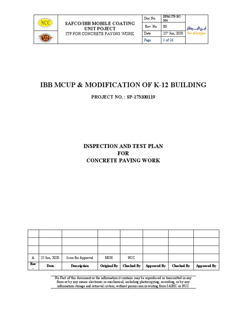 ITP for Concrete Paving Work | PDF | Concrete | Specification ...