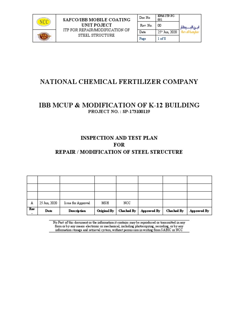 Steel Structure Repair ITP | PDF | Welding | Construction