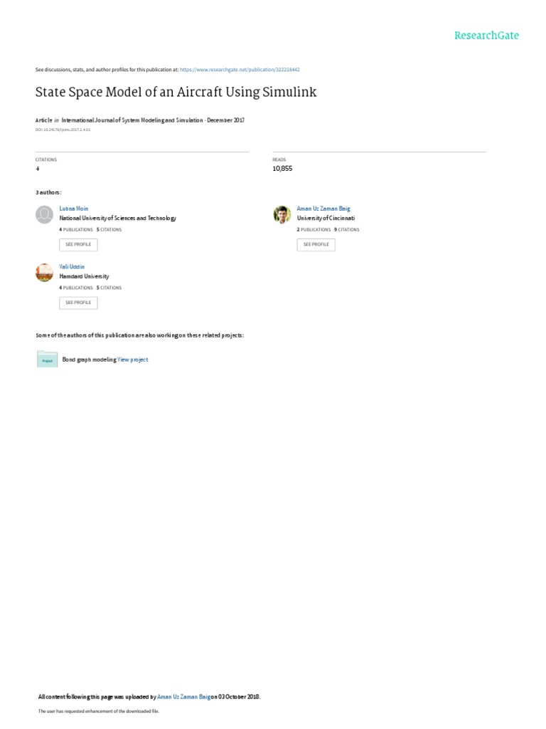 State Space Model of An Aircraft Using Simulink | PDF | Control Theory ...