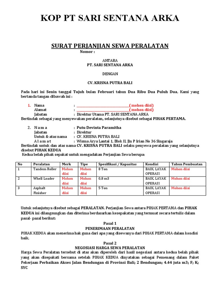 Perjanjian Sewa Alat PT SSA X KPB | PDF