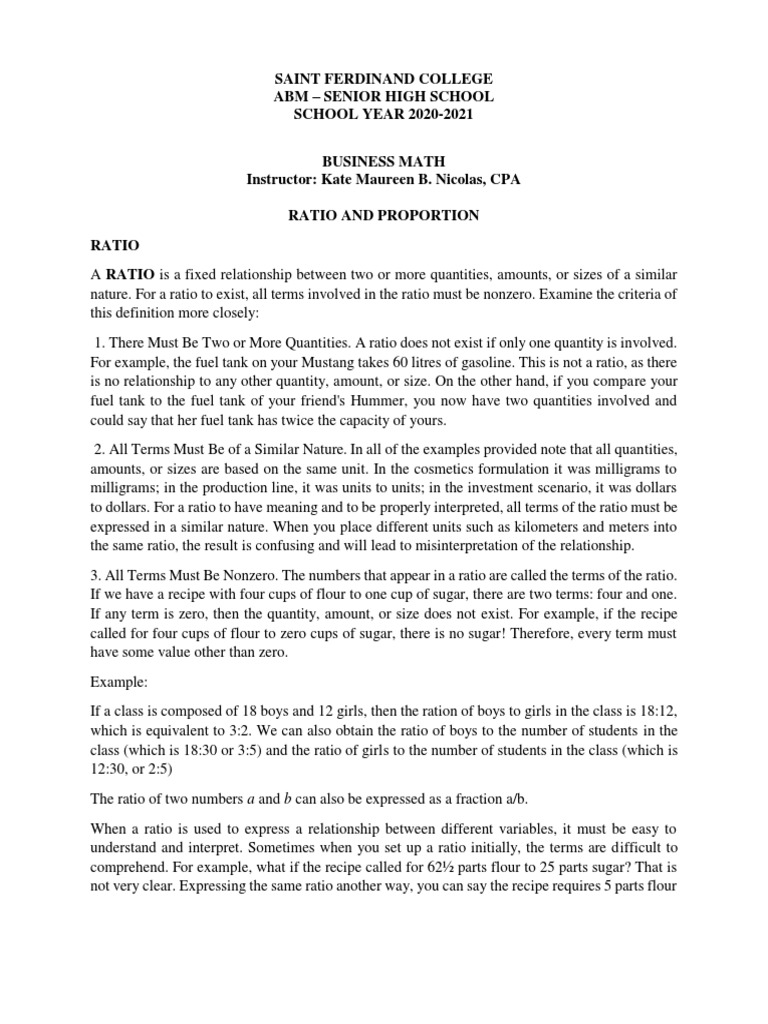 Saint Ferdinand College Business Math Ratio and Proportion Guide | PDF ...