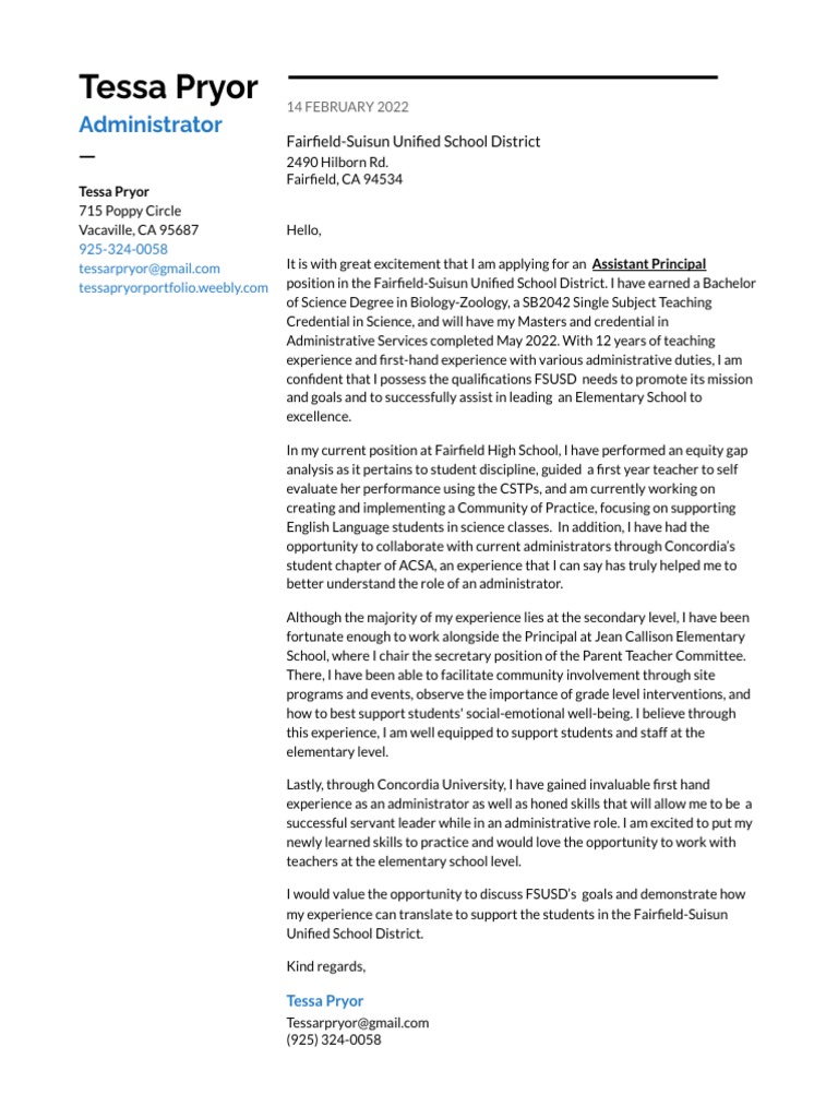 Cover Letter - Tessa Pryor Ap-Es | PDF | Teachers | Teaching