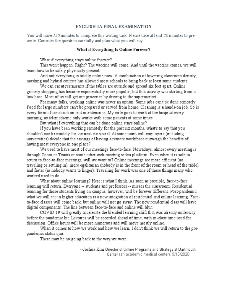 English 1A Spring 2021 Final Exam | PDF | Educational Technology | Learning