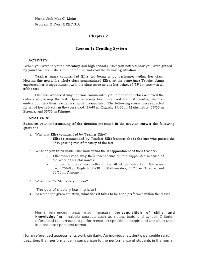 Chapter 2 Lesson 1 Grading System Pdf Educational Assessment