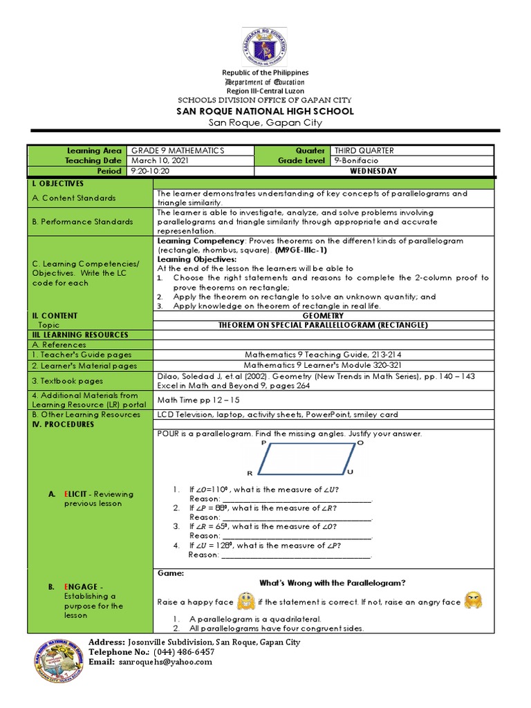 Demo Lesson Grade 9 Math q3 Week 2 | PDF | Rectangle | Elementary Geometry