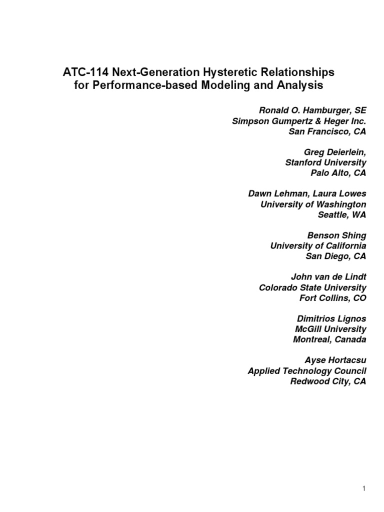 ATC-114 Next-Generation Hysteretic Relationships For Performance-Based Modeling and Analysis ...