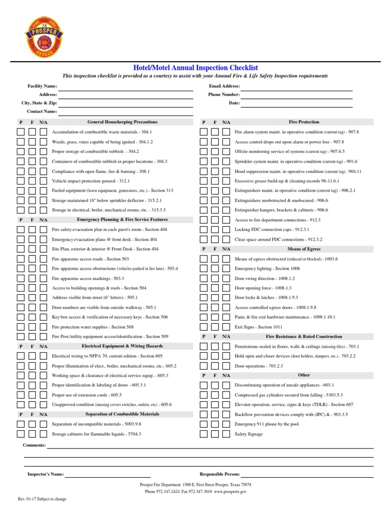 Hotel Motel Annual Inspection Checklist 01 17 | PDF | Fires | Door