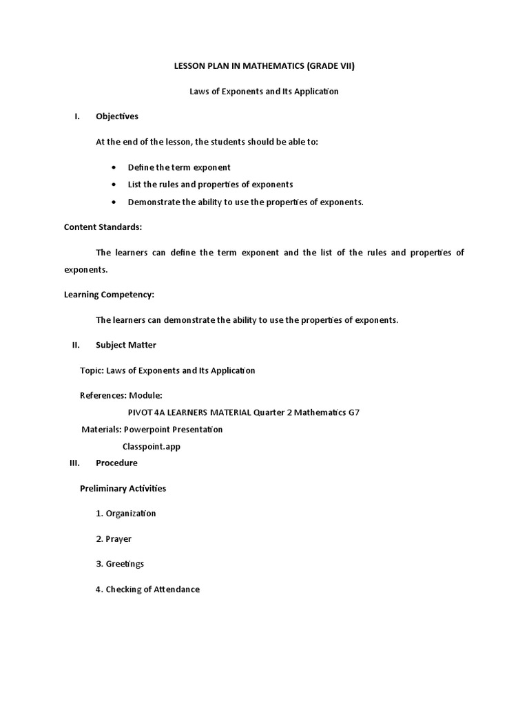 Lesson Plan in Laws of Exponents and Its-Application MATHEMATICS G7-DAY2 | PDF | Lesson Plan ...
