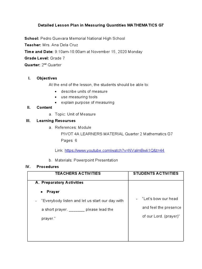 Lesson Plan in Measuring Quantities MATHEMATICS G7 DAY1 | PDF ...