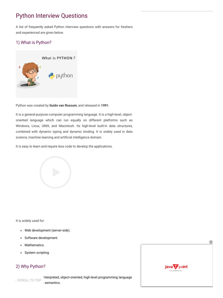 Top 50+ Python Interview Questions (2022) - Javatpoint | Download Free PDF | Python (Programming ...