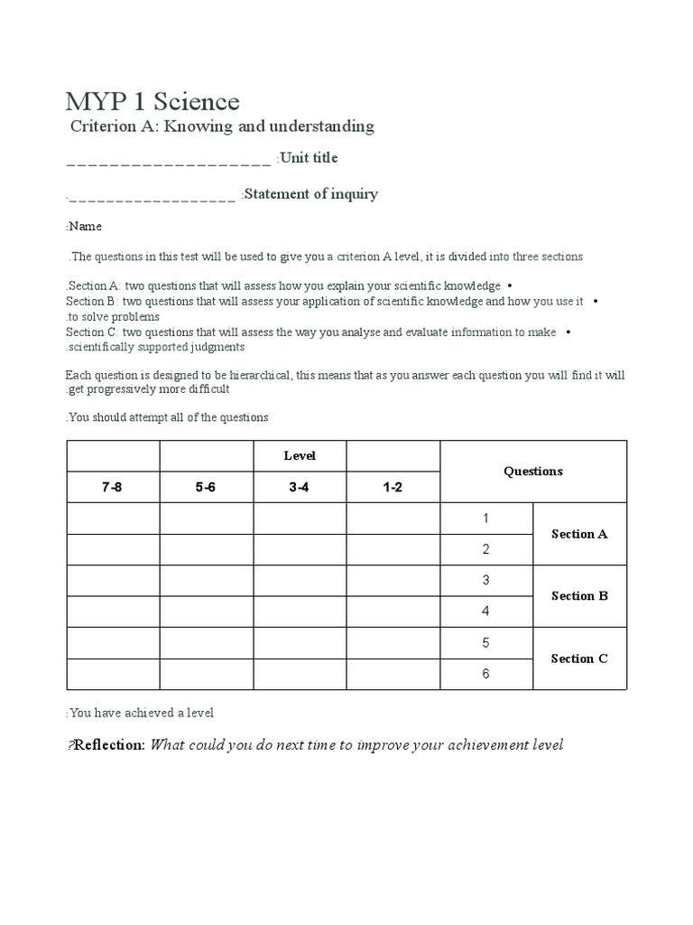 Test Template MYP 1 | PDF | Knowledge | Science