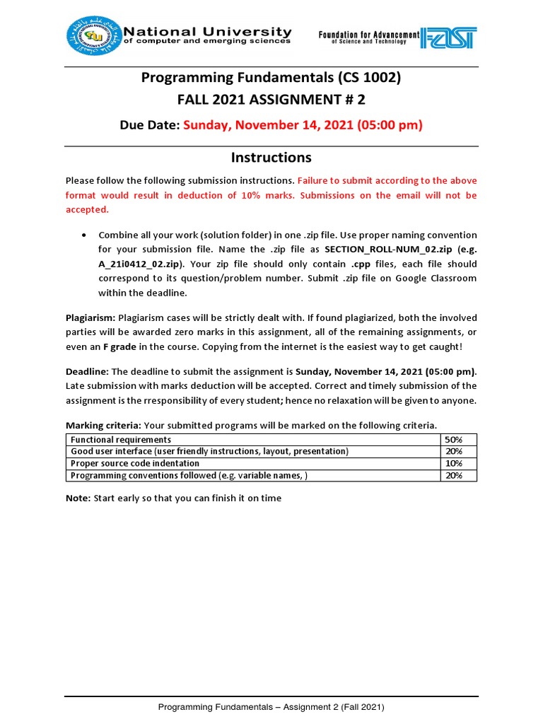 Programming Fundamentals Cs 1002 Fall 2021 Assignment 2 Due Date