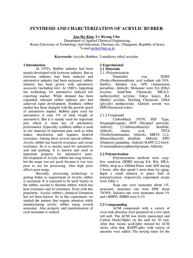 Synthesis and Charcterization of Acrylic Rubber: Jun Ho Kim, Ur Ryong Cho | PDF | Differential ...