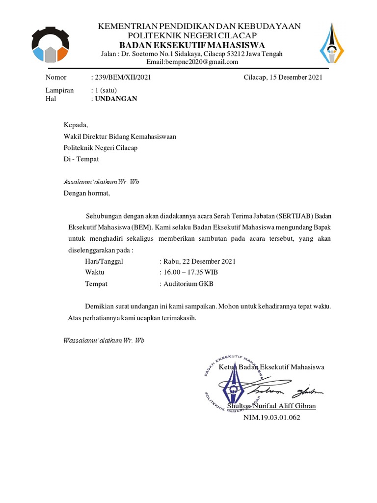 (Wadir Iii) Surat Undangan Menghadiri Acara Sertijab Bem 2021 | PDF