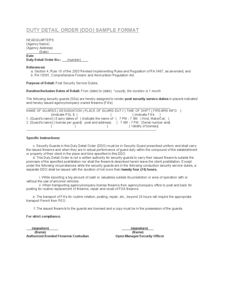 Duty Detail Order (Ddo) Sample Format | PDF | Security Guard | Physical ...