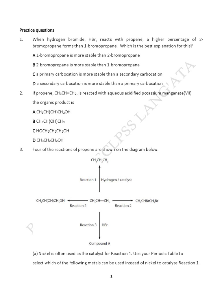 Practice Questions Alkenes | PDF | Alkene | Chemical Reactions