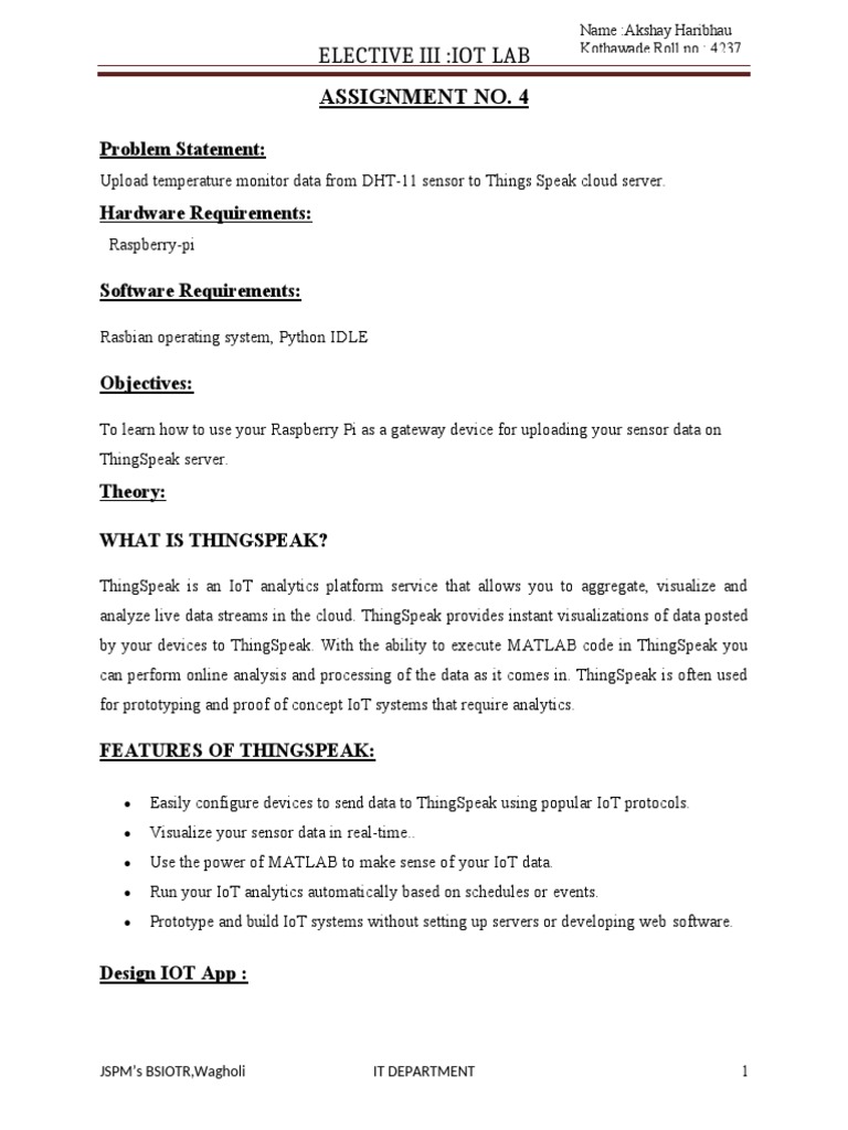 Assignment NO. 4: Elective Iii:Iot Lab | PDF | Internet Of Things | Raspberry Pi