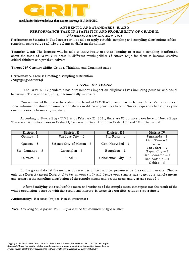 Statistics and Probaility Performance Task | PDF | Mean | Variance