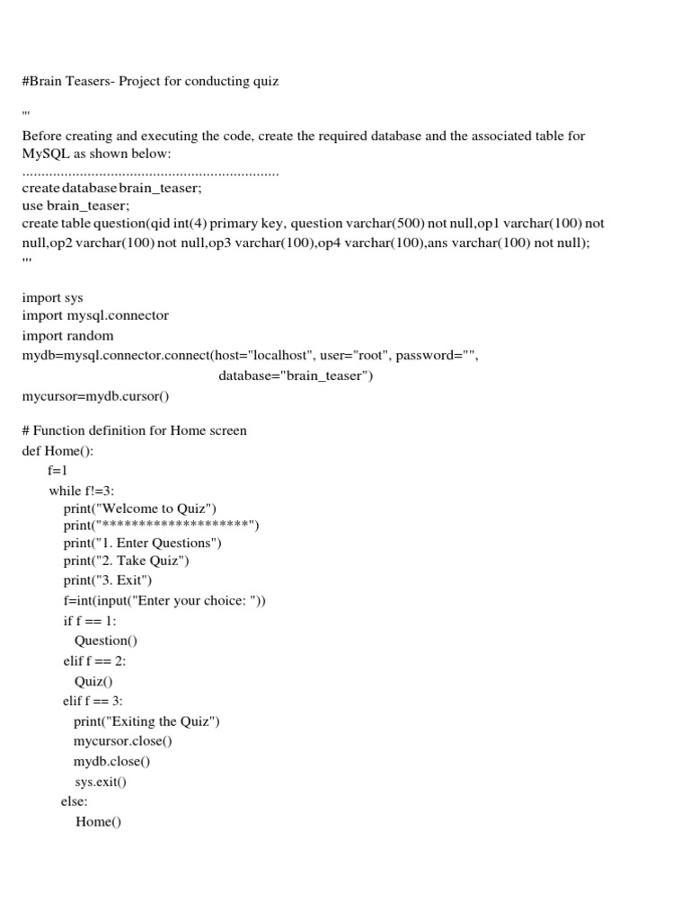 Developing A Mysql Database And Python Application For An Online Quiz On Brain Teasers Pdf 
