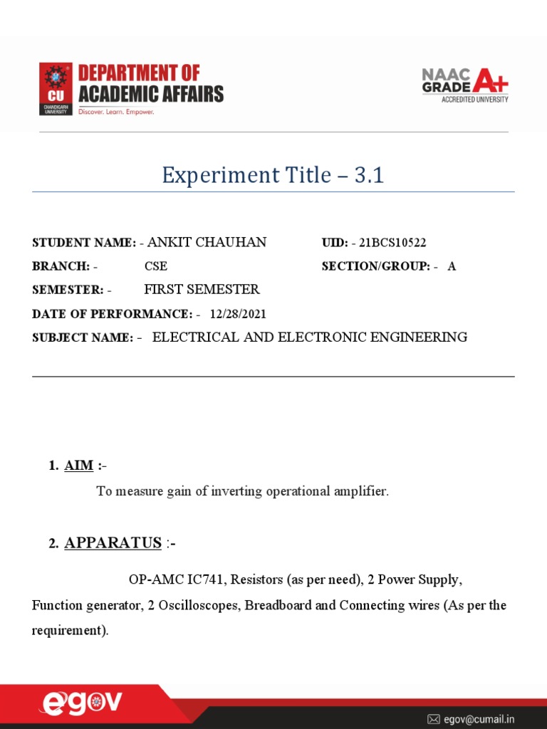 BEEE Worksheet Experiment 3.1 | PDF | Amplifier | Operational Amplifier