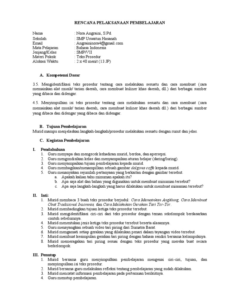 RPP 1 LEMBAR - Bindo Kelas 7 - KD 3.5 | PDF