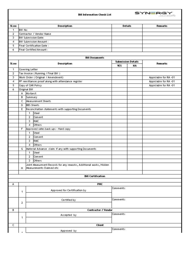 Bill Information Check List | PDF | Government