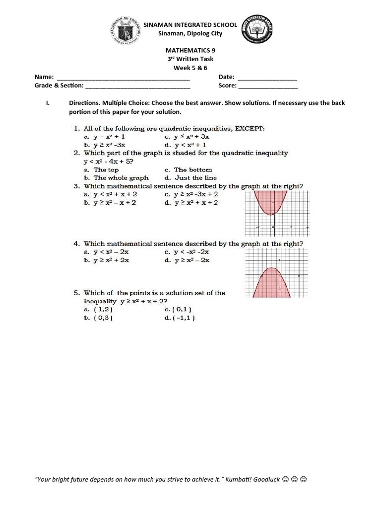 Mathematics 9 Quadratic Functions Task | PDF