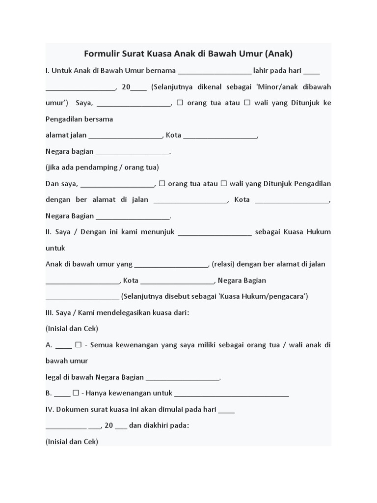 Formulir Surat Kuasa Anak Di Bawah Umur | PDF